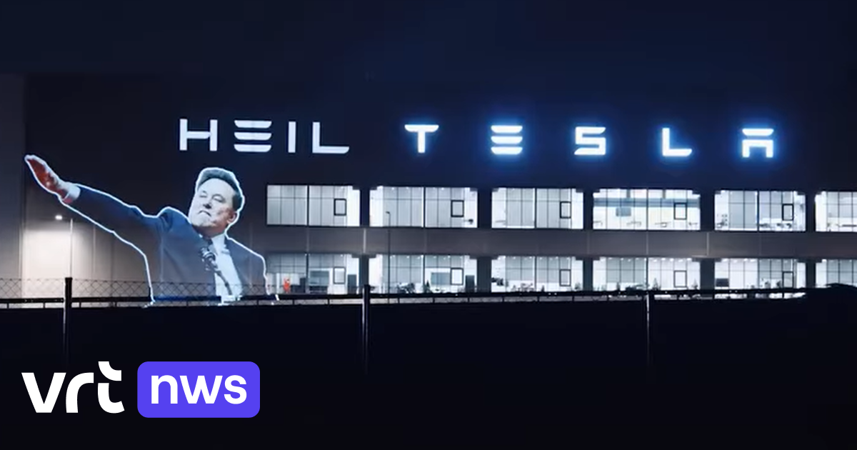 Activisten claimen projectie van "Heil Tesla" op Tesla-fabriek in ...