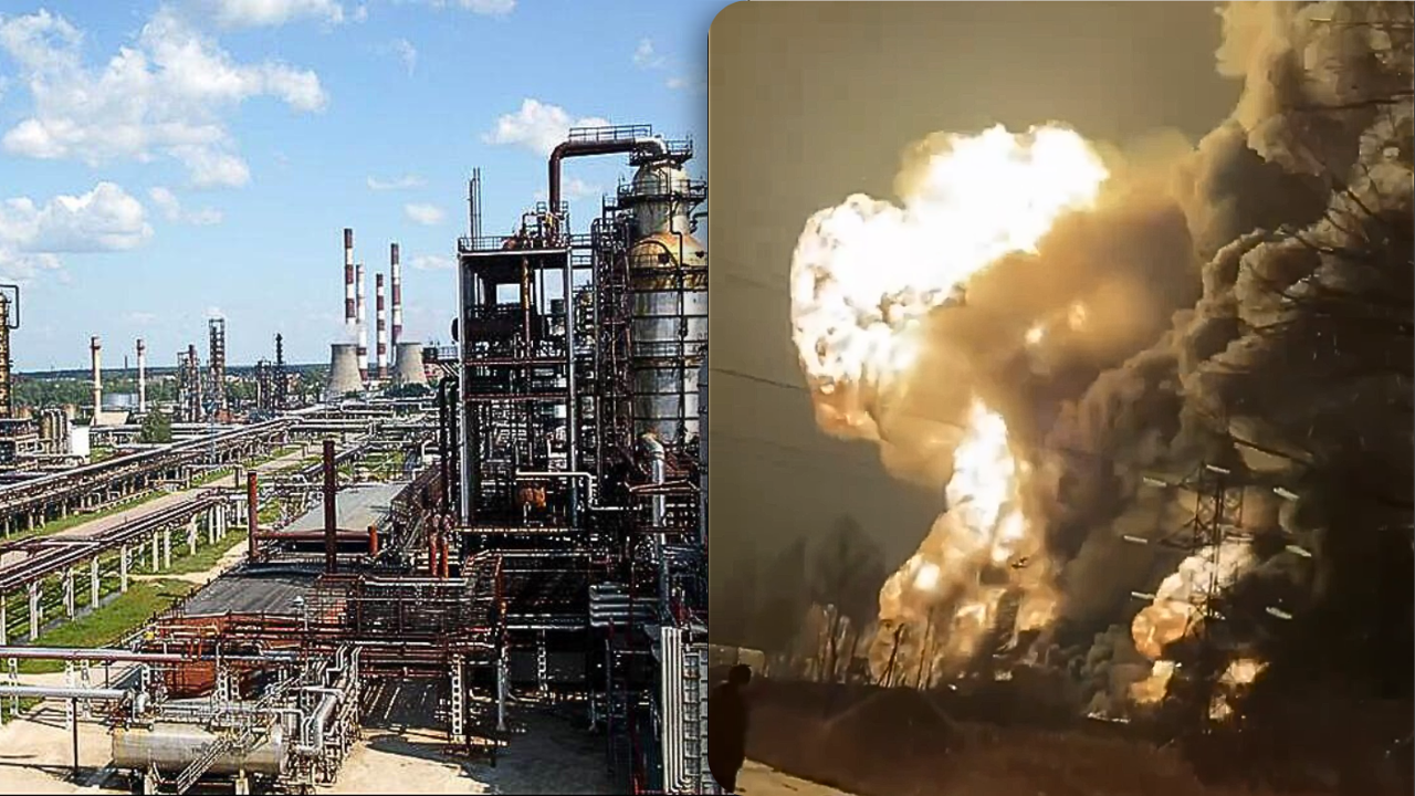 Gigantische vuurbal boven Russische olieraffinaderij na grootschalige ...