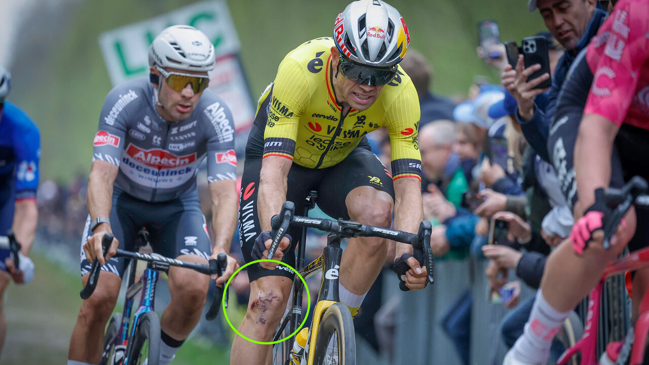 Nieuwe oorlogswonde op gehavende knie: Wout van Aert komt niet ongeschonden uit vroege val | sporza