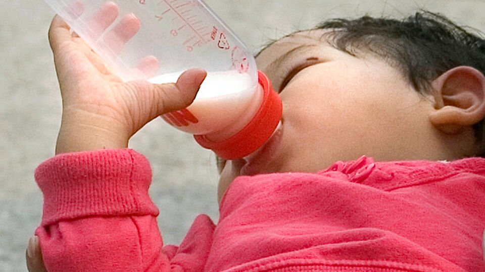 Baby's die melk drinken uit plastic flessen, krijgen dagelijks ...